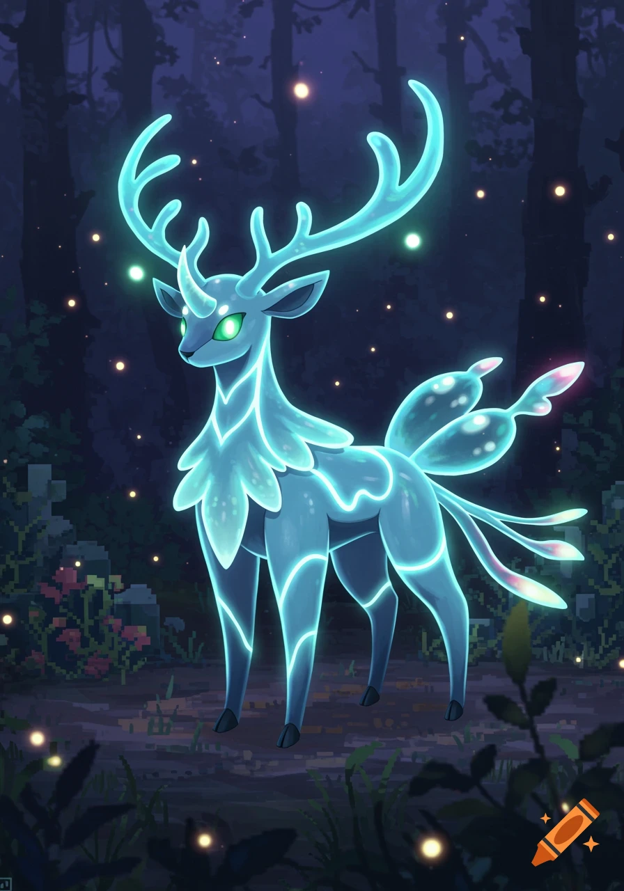 A luminous, teal-colored deer-like fantasy creature with glowing ...