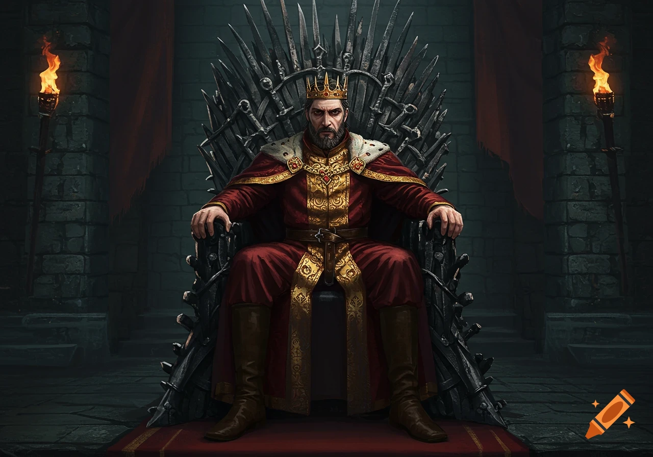 Ancient Greek king with crown looking in the centre with pleasure on ...