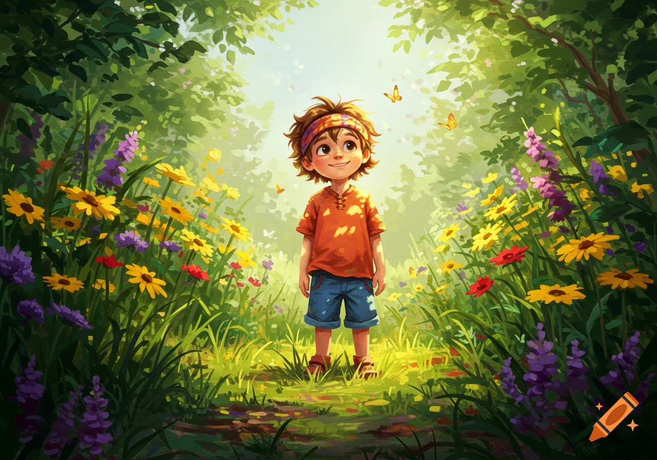 A bright illustration of a happy child with arms raised in a sunny green field filled with ...
