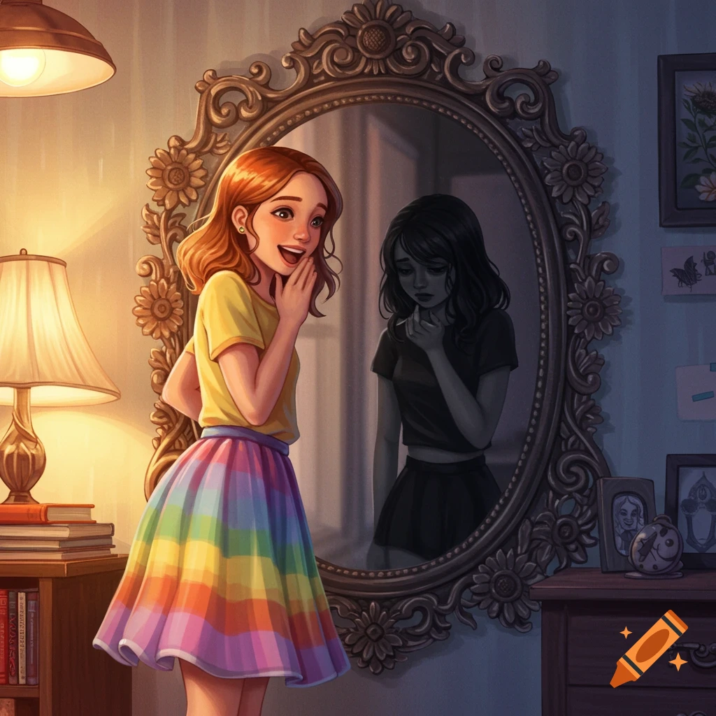 A happy cartoon girl in a rainbow skirt looks into a mirror, seeing a ...