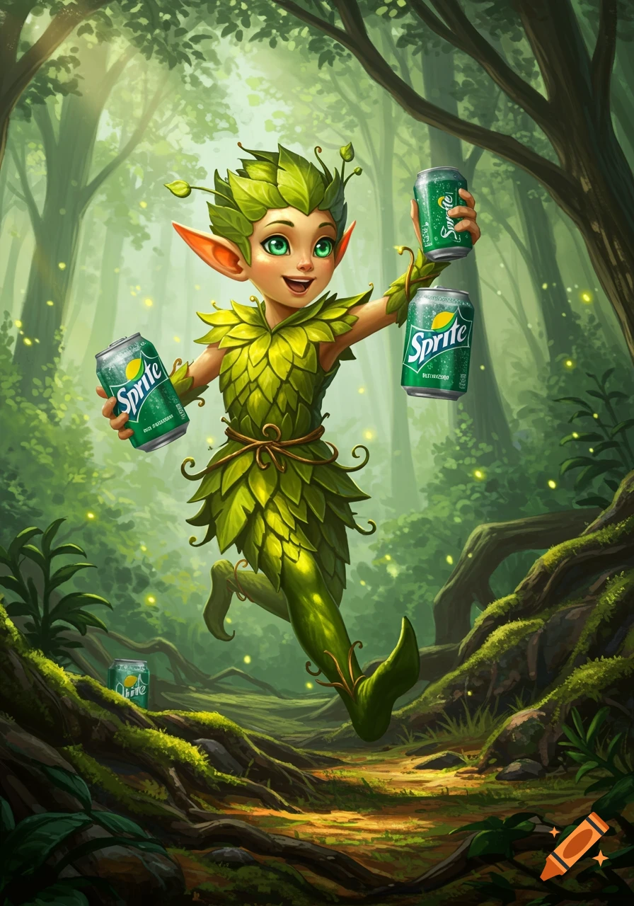 A grinning leaf elf with green skin and pointed ears runs through a sunlit forest, holding ...