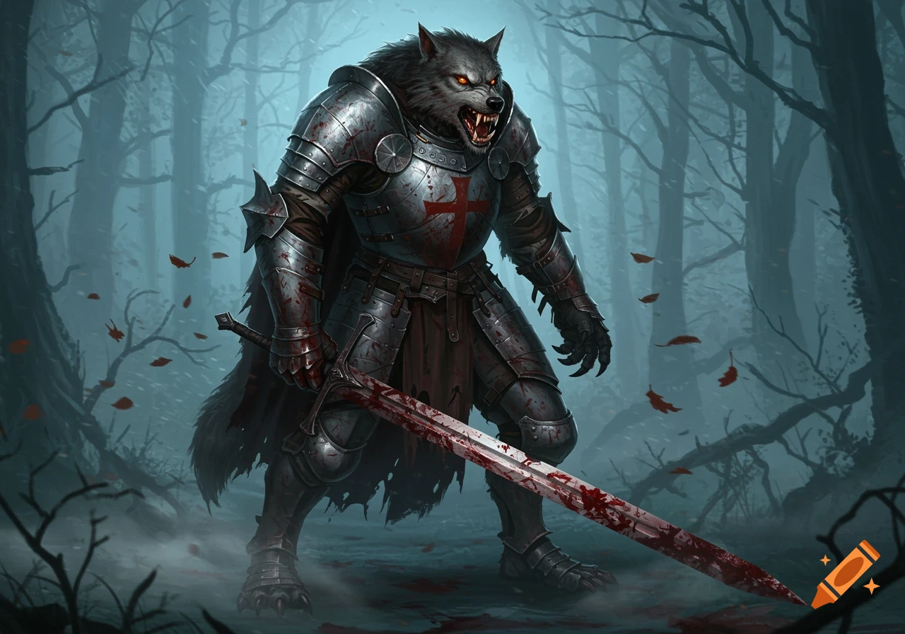 A scary werewolf in blood-stained knight's armor with a bloody sword ...