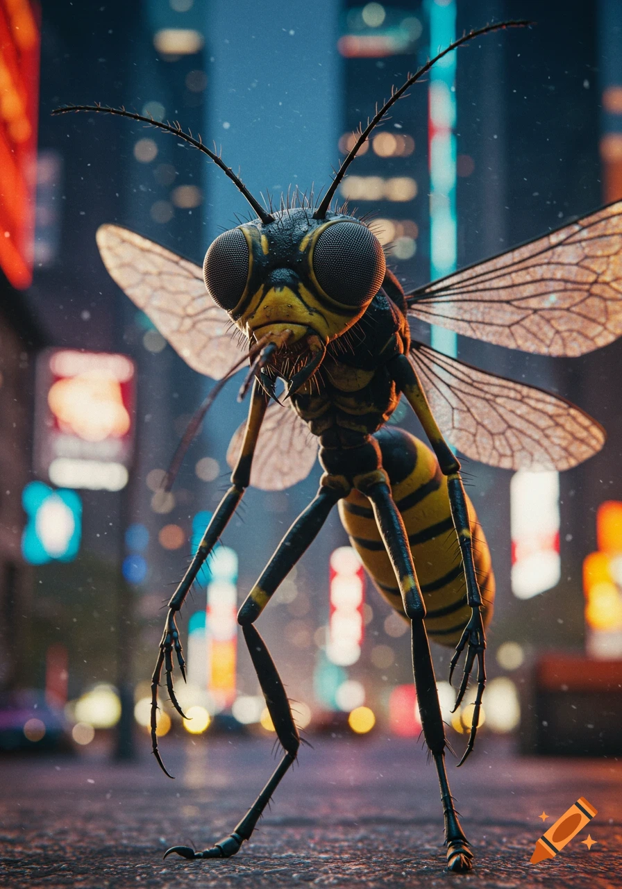 A large, brown, insect-like creature with big ears and iridescent green ...