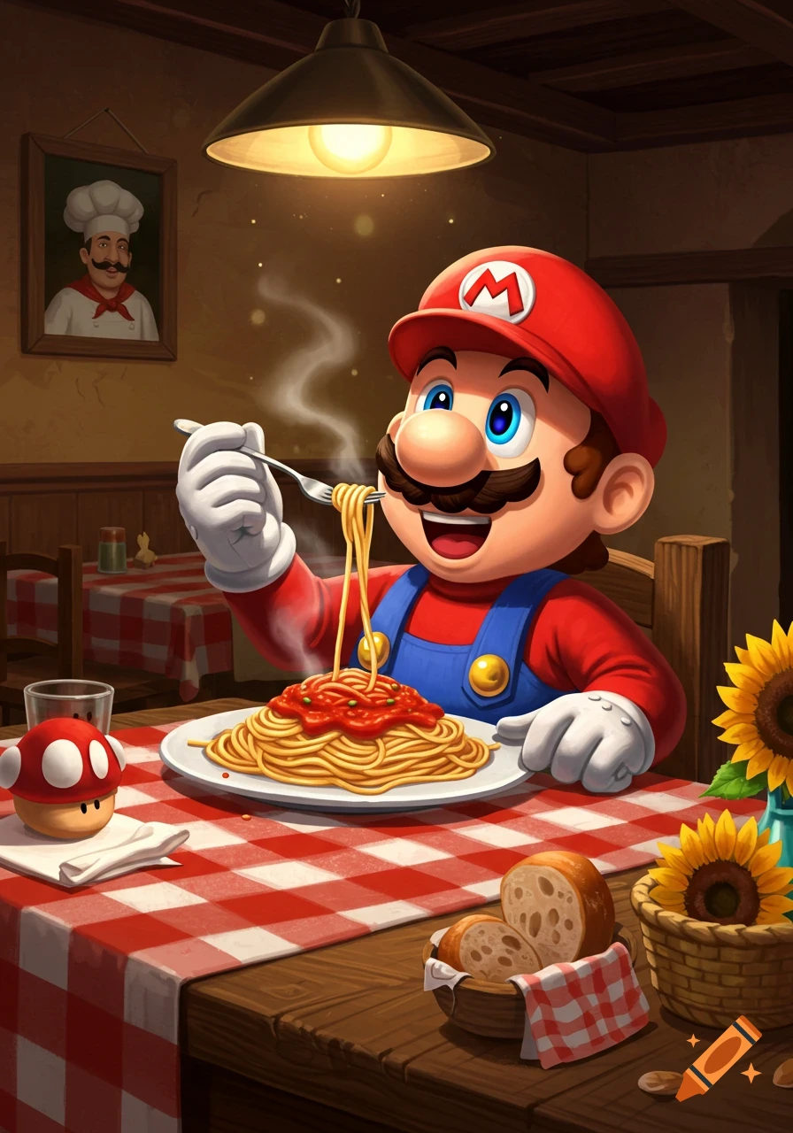 Mario happily eats a plate of spaghetti at a checkered table in a restaurant, with a mushroom ...