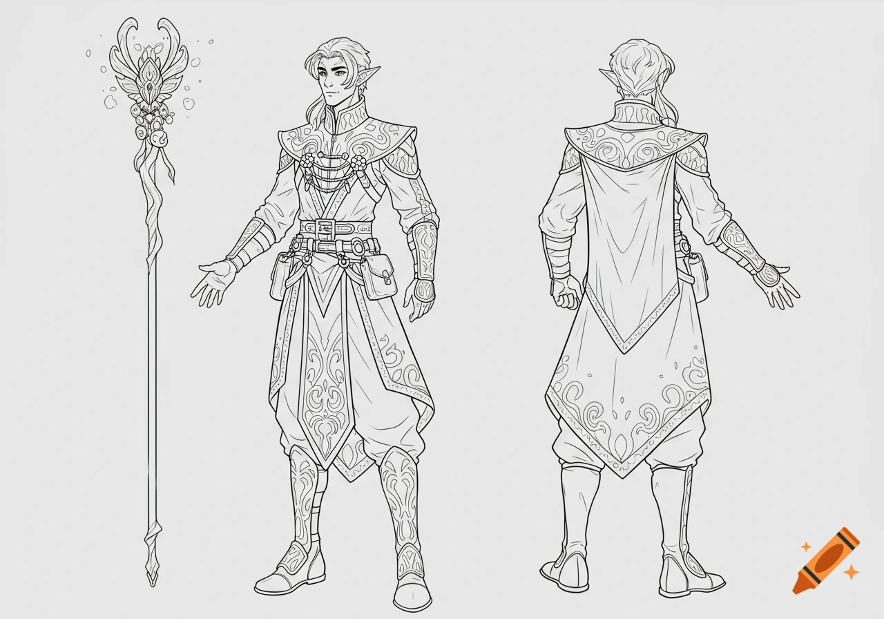 Line art character design sheet featuring a male elf in ornate robes ...