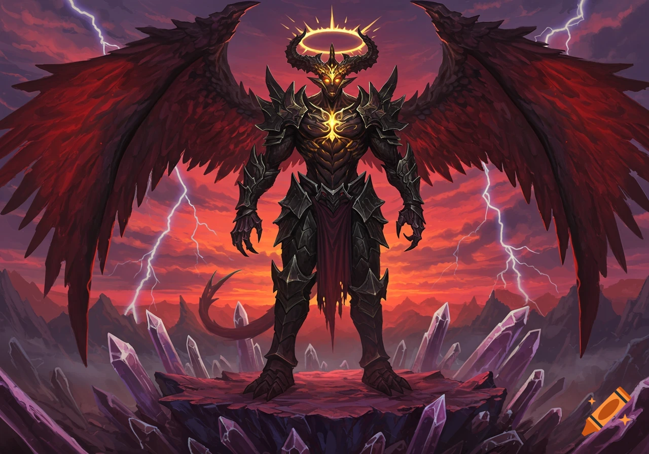 A formidable horned demon god with large red wings and black armor ...