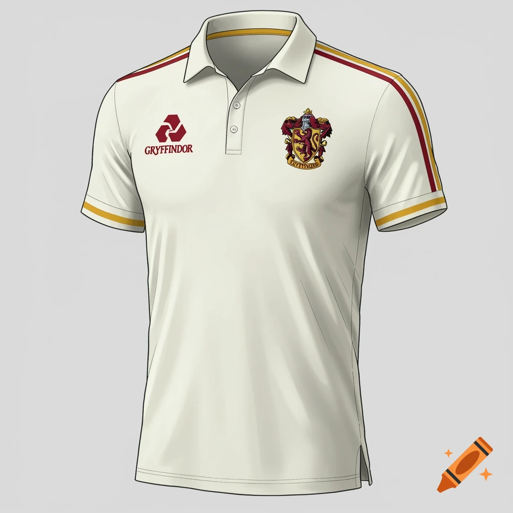 A white cricket polo shirt with red and yellow stripes, featuring the ...