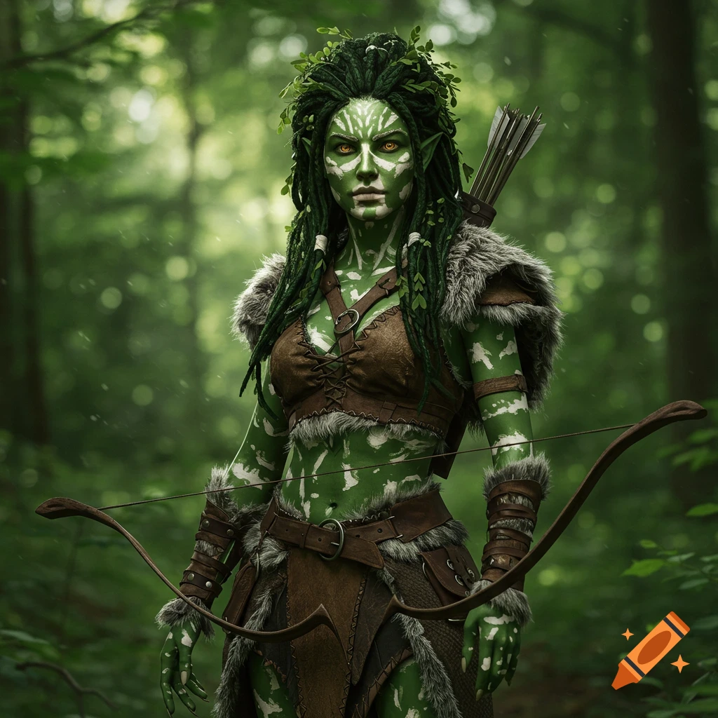 A photorealistic female huntress with green skin, leafy hair, and amber eyes, dressed in leather ...