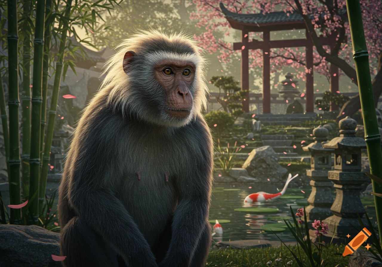 A photorealistic depiction of a monkey sitting in a serene Japanese ...