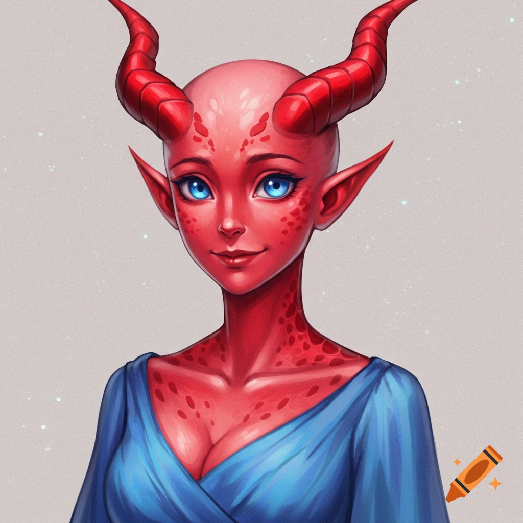 Anime portrait of a red-skinned fantasy woman with red horns, blue eyes ...