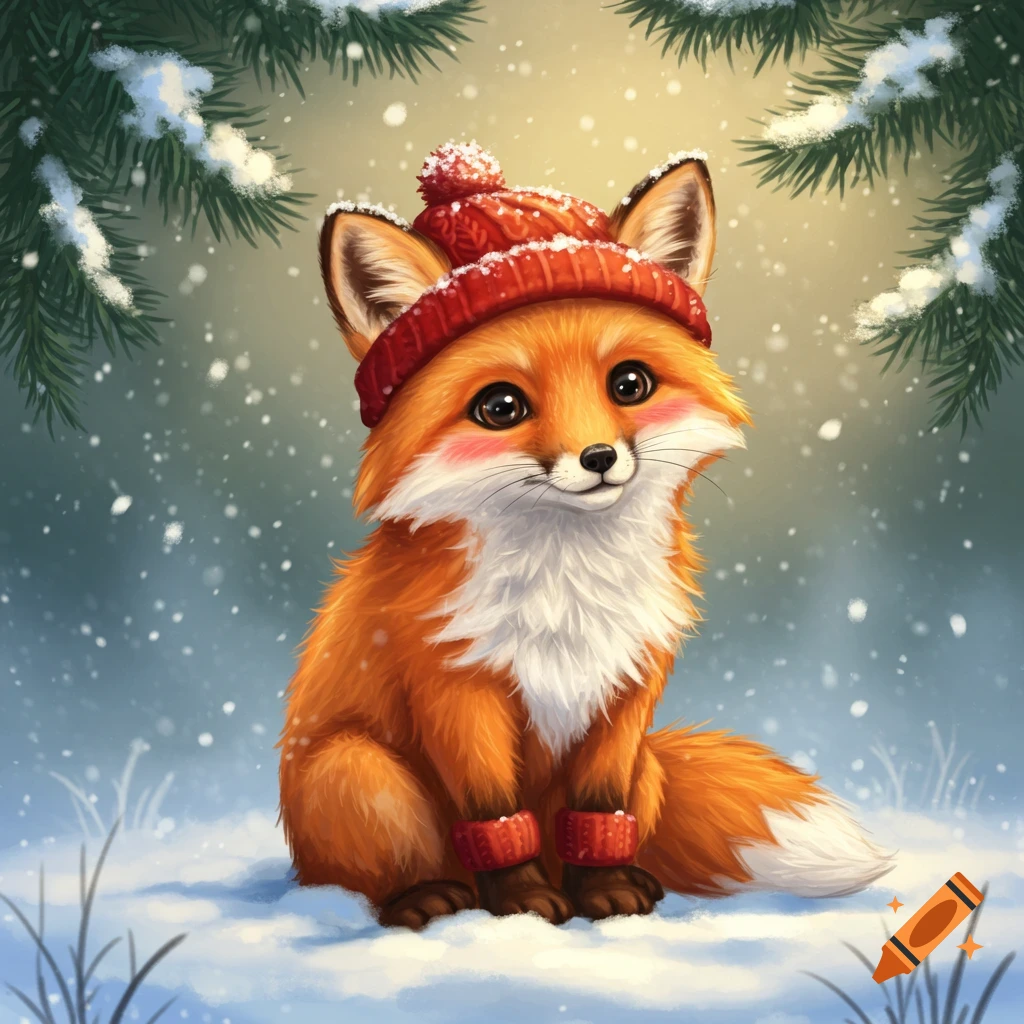 A cute orange fox wearing a red beanie and mittens sits in the snow under pine trees as ...