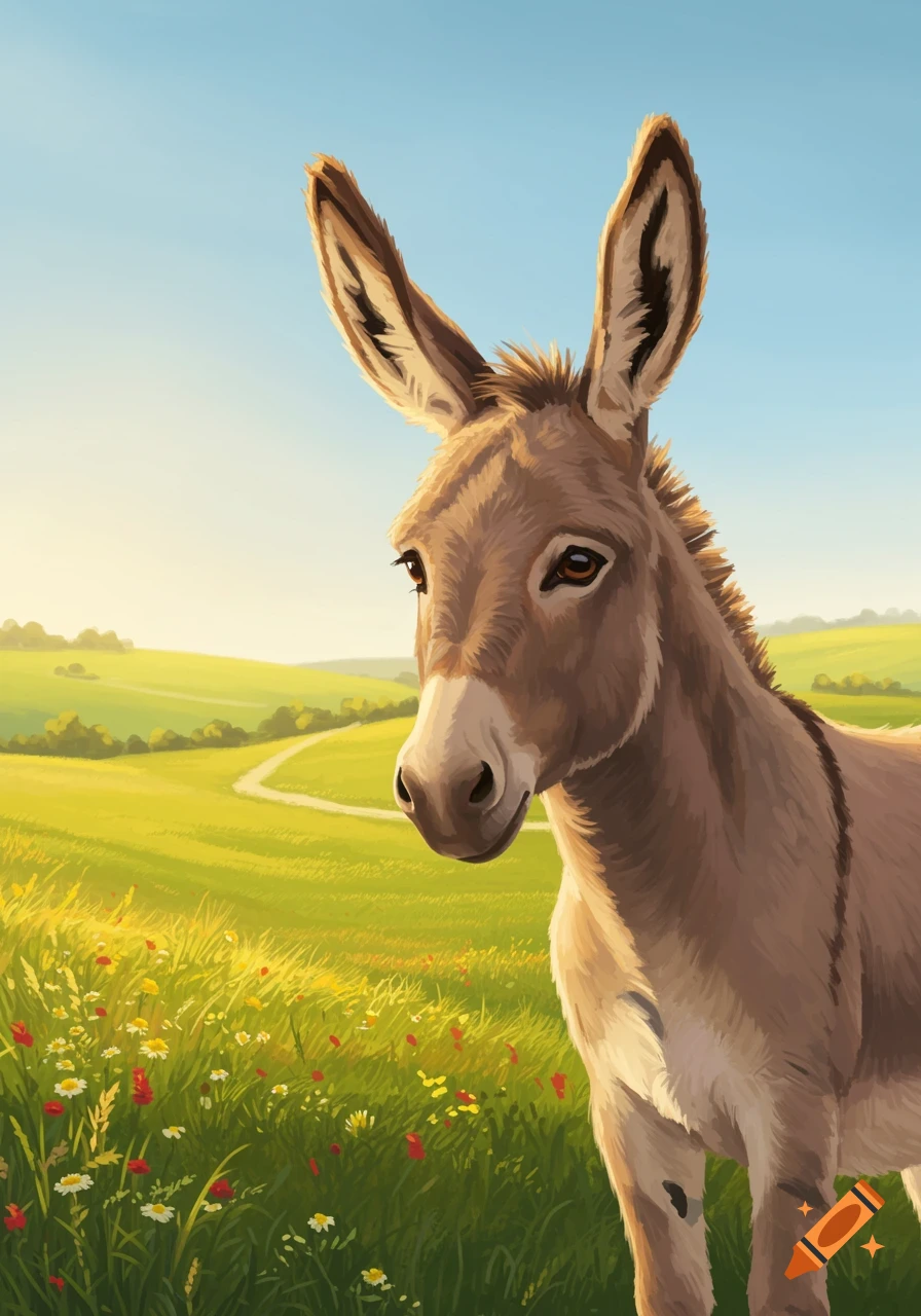 Cartoon flying pig above a piglet riding a donkey in a sunny, green ...