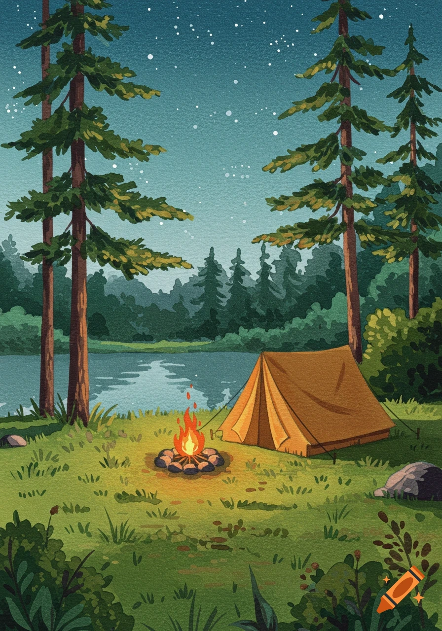 A watercolor painting of a campsite at night with a tent, campfire ...