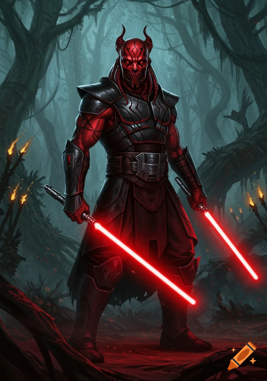 A red-skinned, horned humanoid warrior in dark armor stands in a misty ...