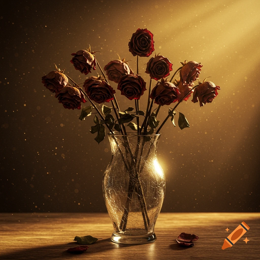 A dozen withered red roses in a cracked glass vase on a wooden table ...