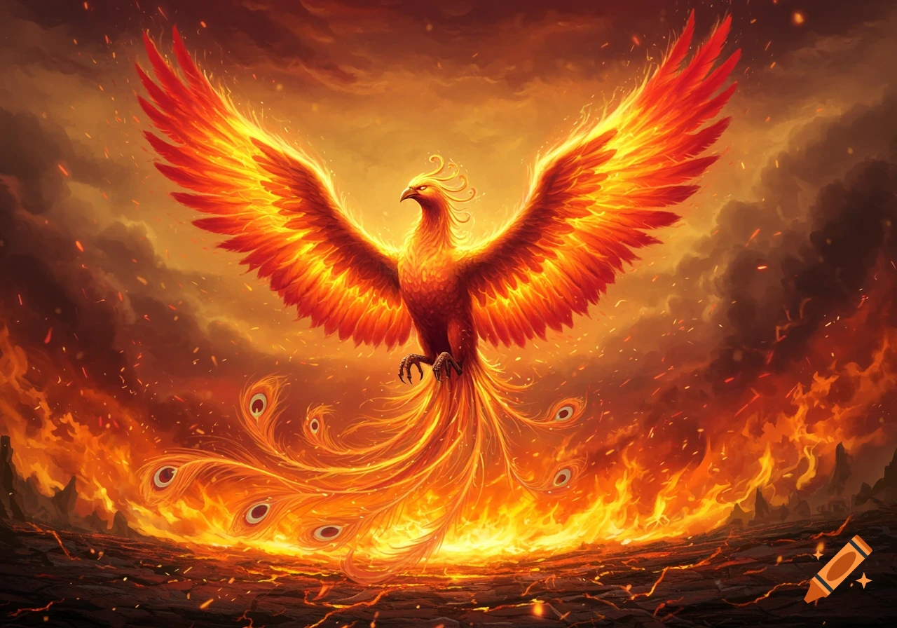 A vibrant, screaming phoenix bird with glowing eyes, enveloped in fiery ...