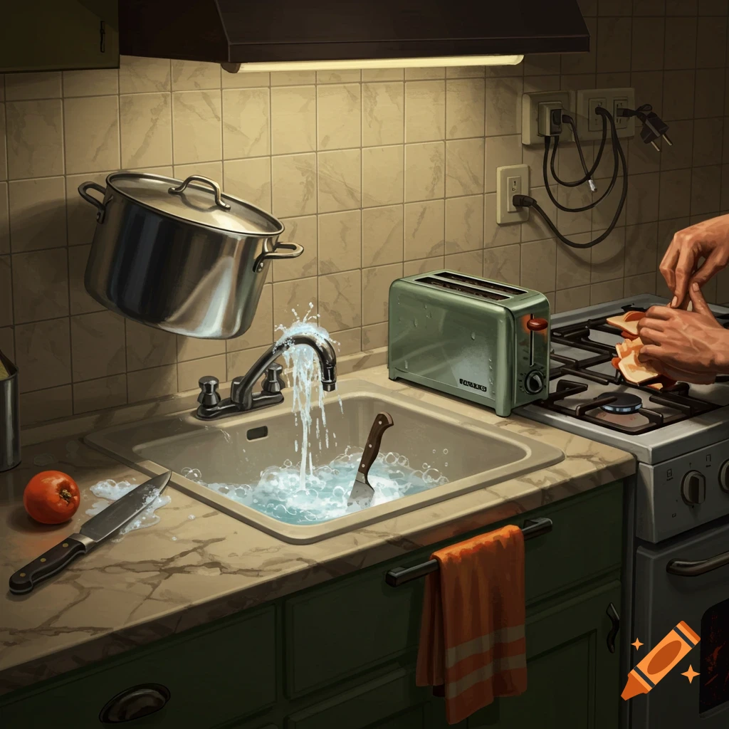 A chaotic kitchen scene with a floating pot, water splashing from a ...
