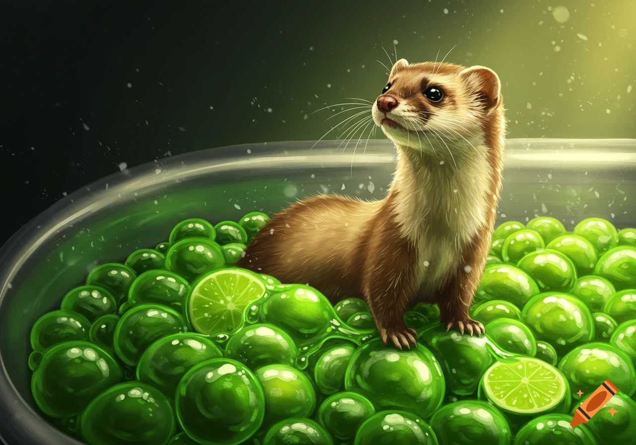A cute weasel sits in a tub filled with glowing green slime balls and ...