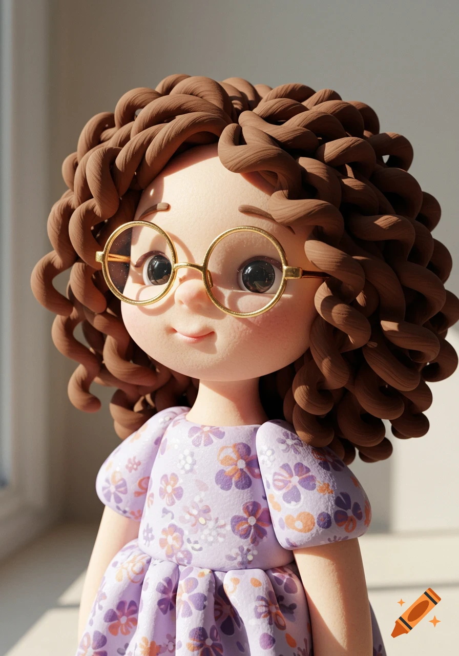 A polymer clay girl doll with brown curly hair and round glasses ...
