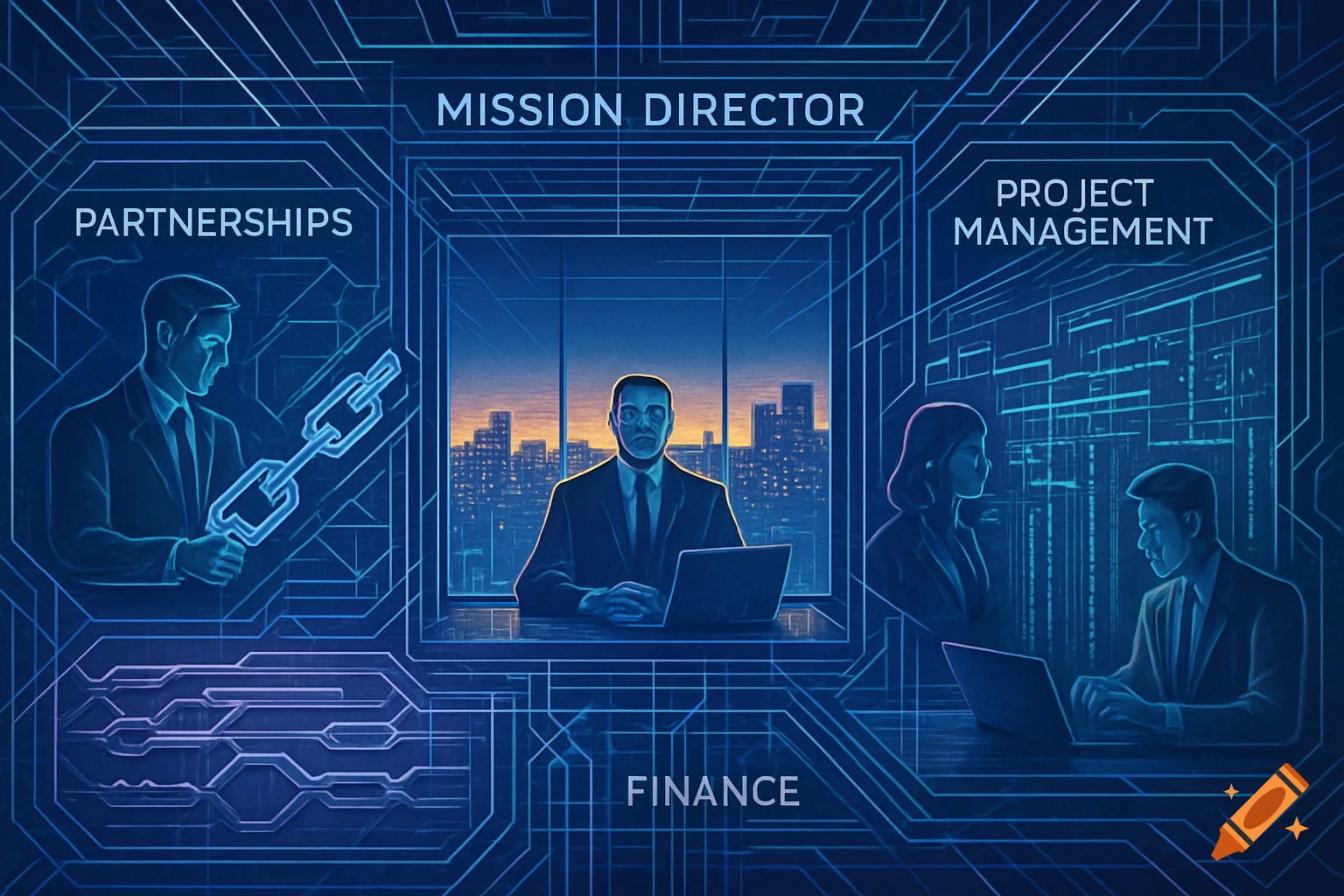 An abstract, futuristic blue diagram illustrating a corporate structure ...