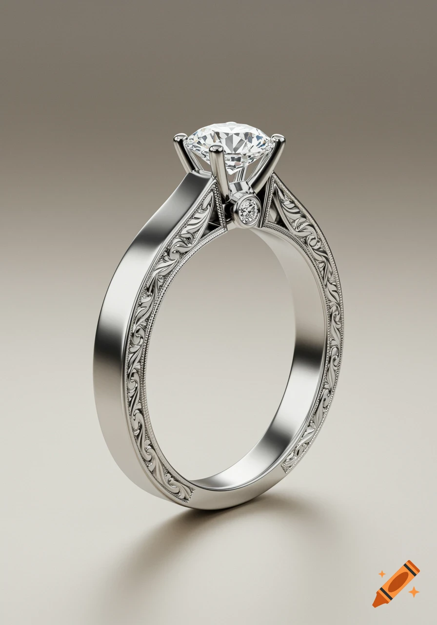 A close-up, hyper-realistic render of an intricate silver ring with a ...