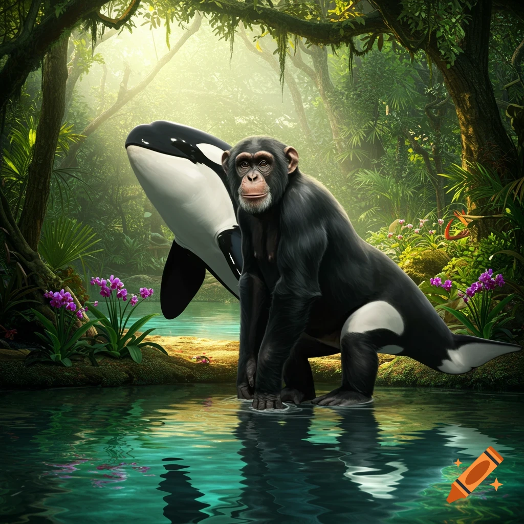 A photorealistic chimera, part chimpanzee and part orca, stands in ...