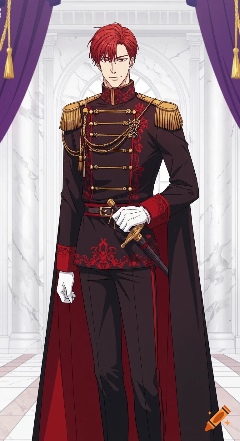A full-body anime-style medieval nobleman with red hair and red eyes ...