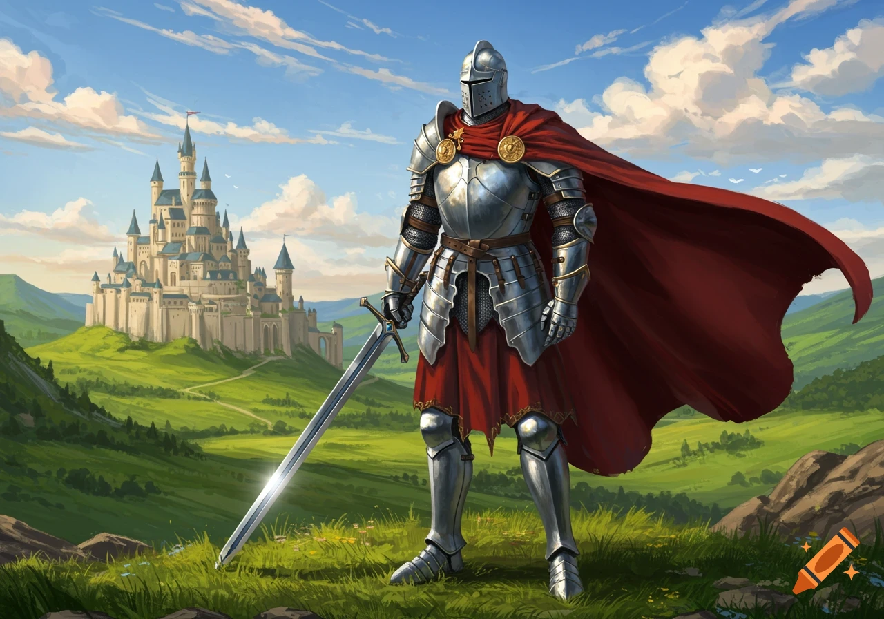 A knight in full armor with a red cape rides a black horse across a ...