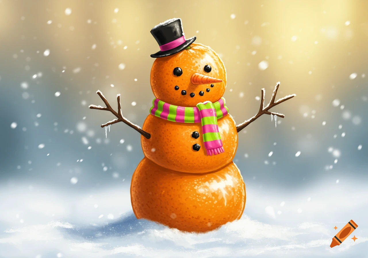 A festive cartoon winter scene with a large snowman, a small snowman, several elves, decorated ...