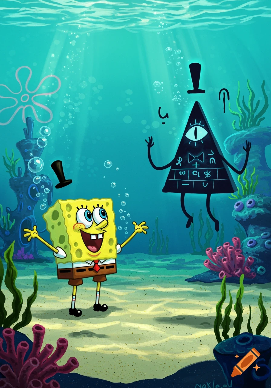 Cartoon illustration of Spongebob Squarepants meeting Bill Cipher ...