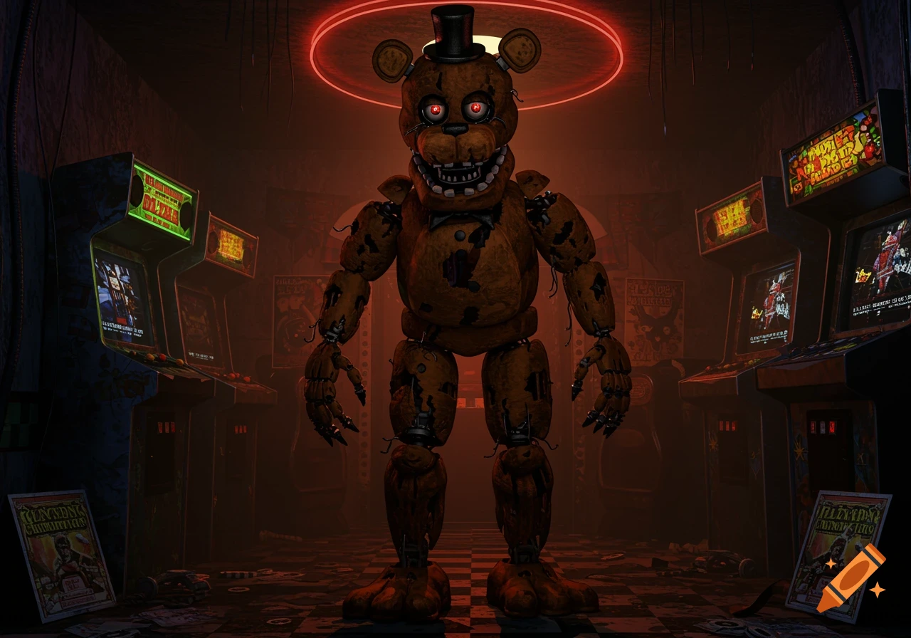 Freddy Fazbear, a brown bear-like animatronic with a top hat and bowtie ...