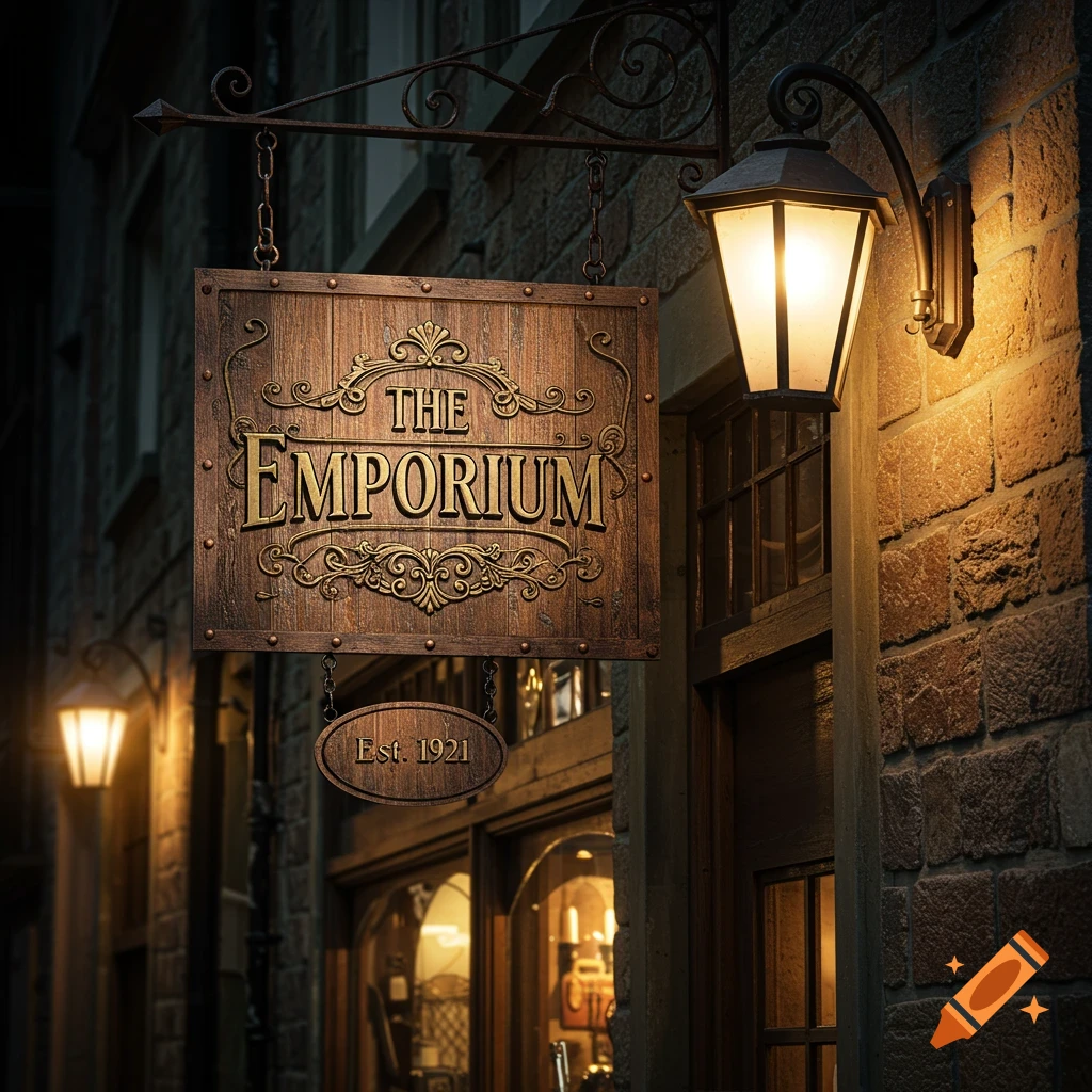 A vintage wooden shop sign for 'The Emporium Est. 1921' hangs from a ...