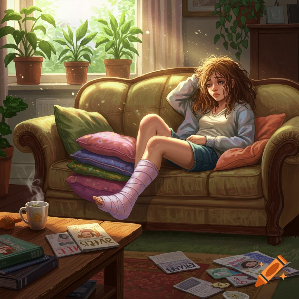 A sad-looking girl with messy hair and a broken ankle cast rests on a ...