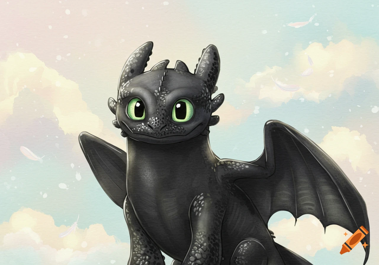 Watercolor illustration of Toothless from How to Train Your Dragon, a ...