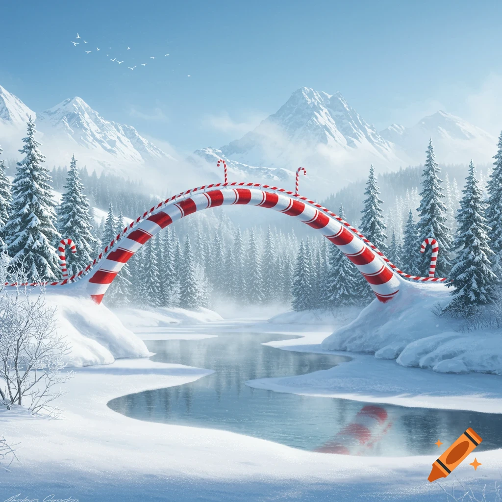 A snow-covered winter landscape featuring a large candy cane bridge ...