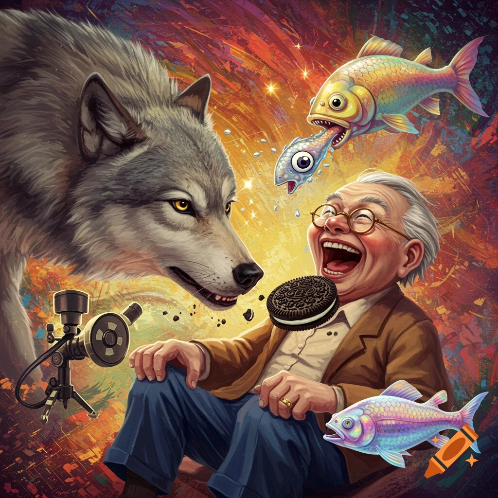 A surreal illustration of a wolf sniffing an old man who is laughing ...