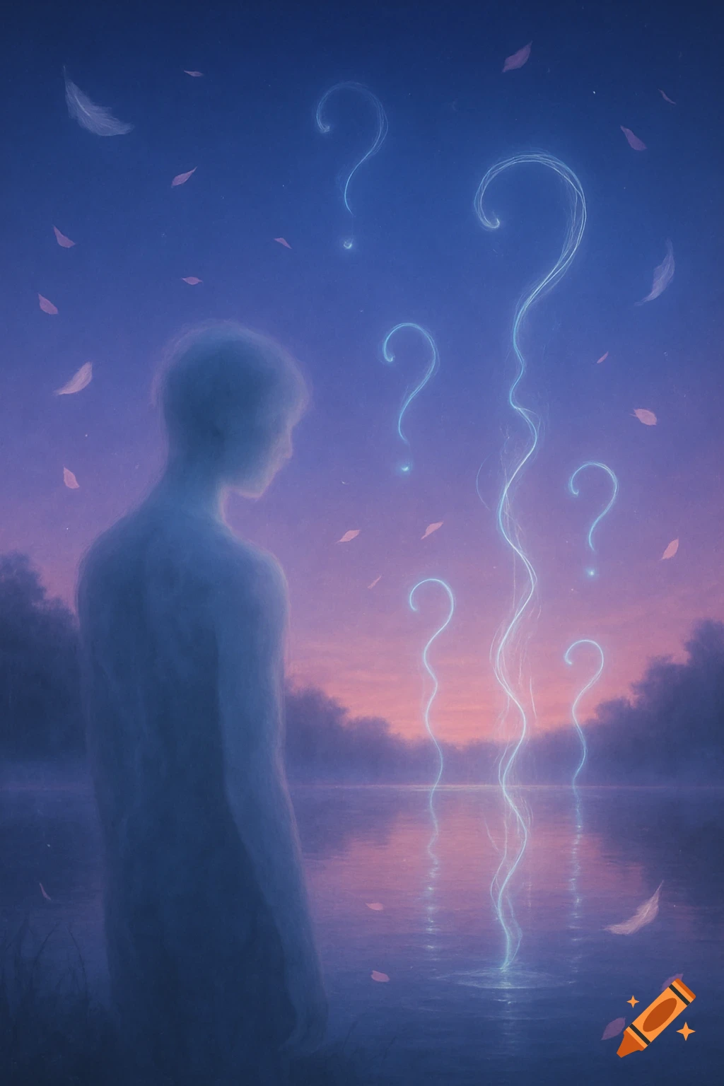 An ethereal, translucent figure stands by a reflective lake at twilight ...