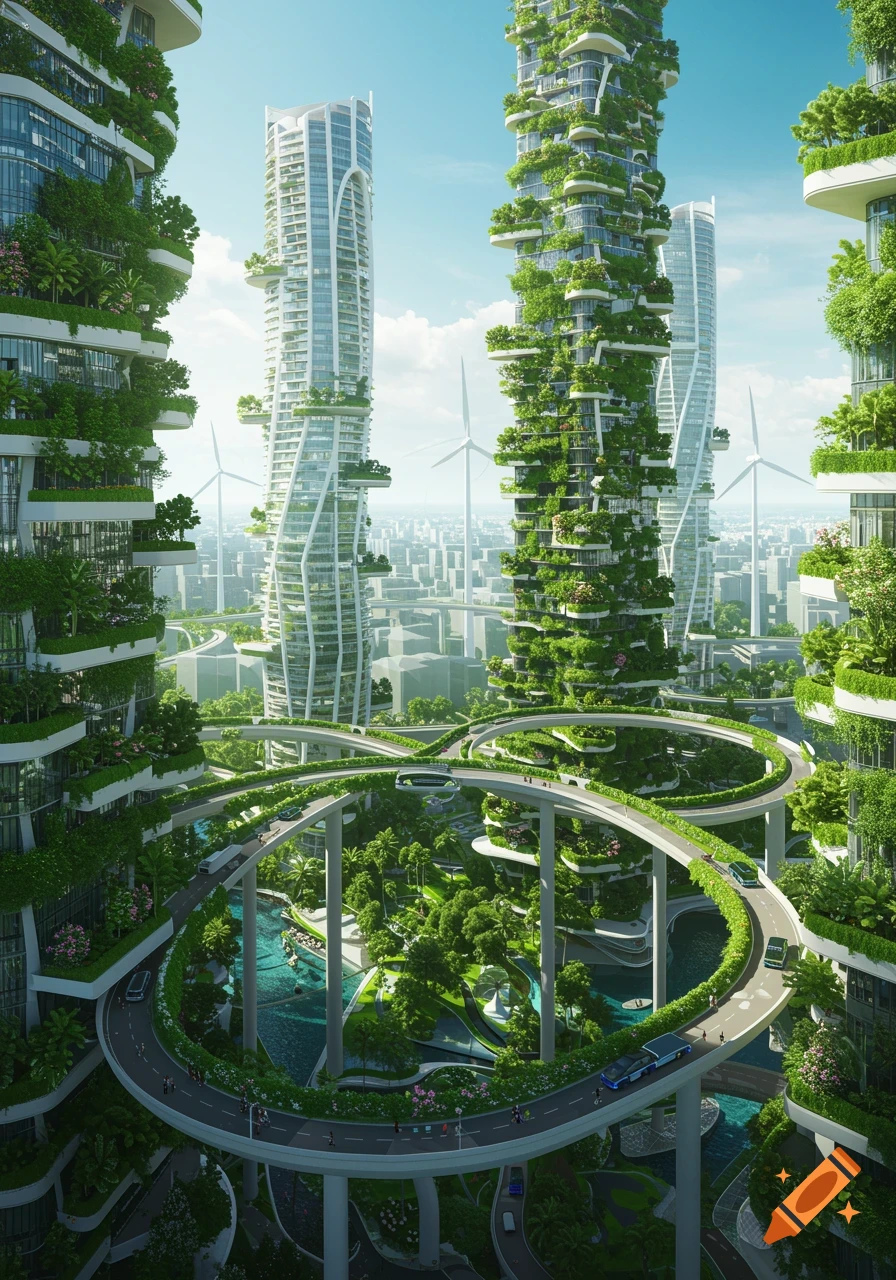 Panoramic view of a futuristic sustainable cityscape on Craiyon