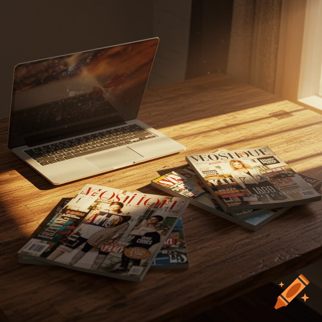 A laptop next to a pile of magazines on a wooden table, illuminated by ...