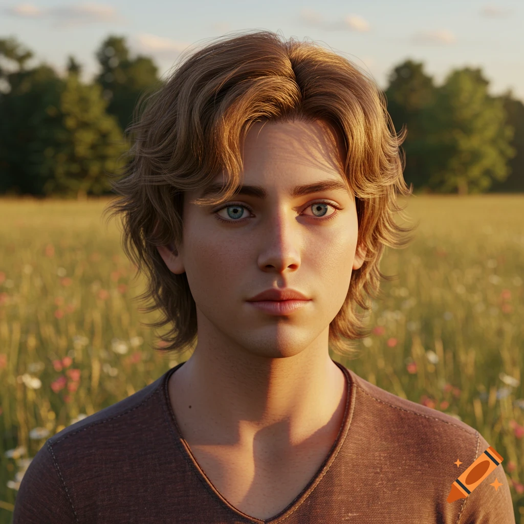 Photorealistic portrait of a young man with dark brown wavy hair and striking green eyes ...