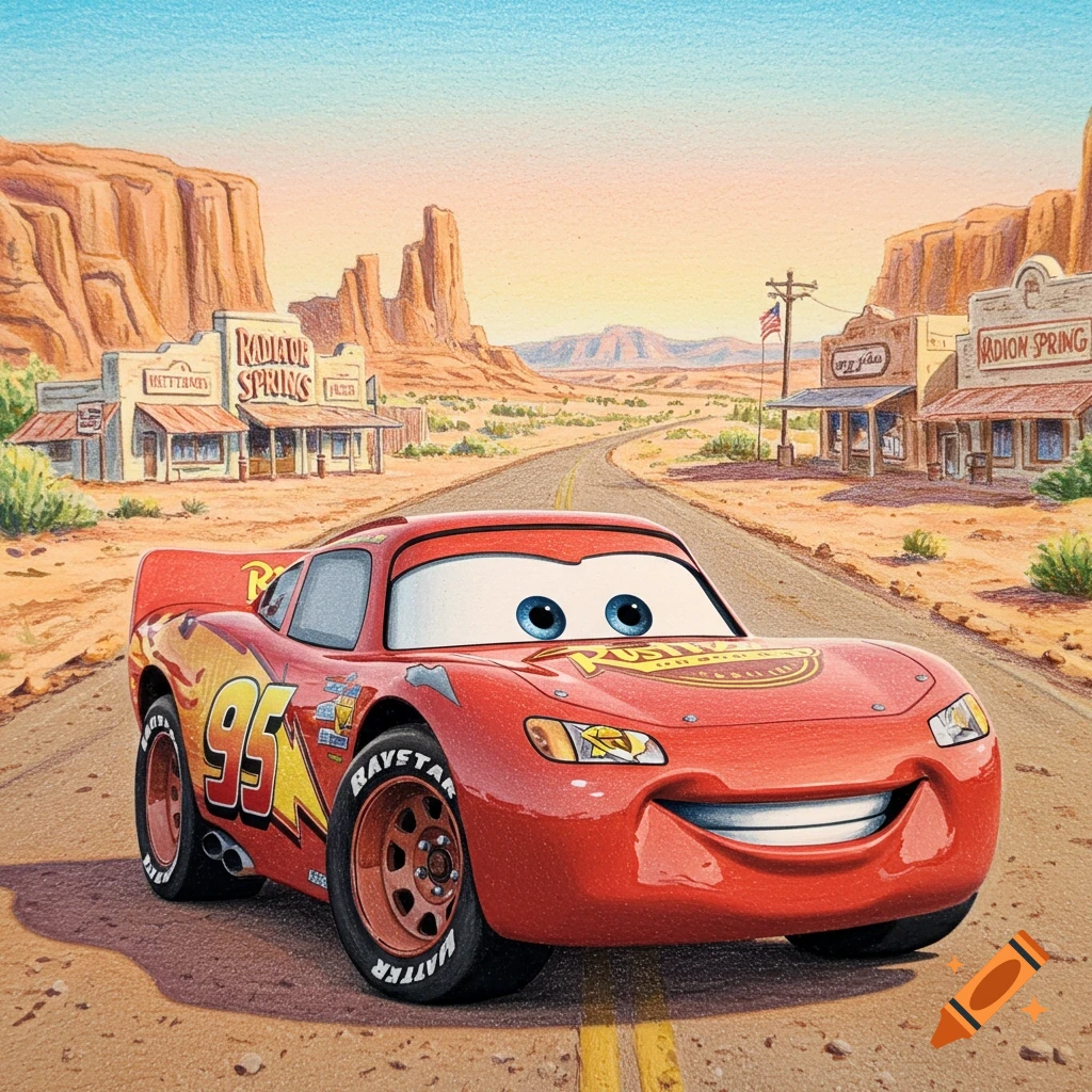Pixar Cars characters, including Lightning McQueen, drive on a desert ...