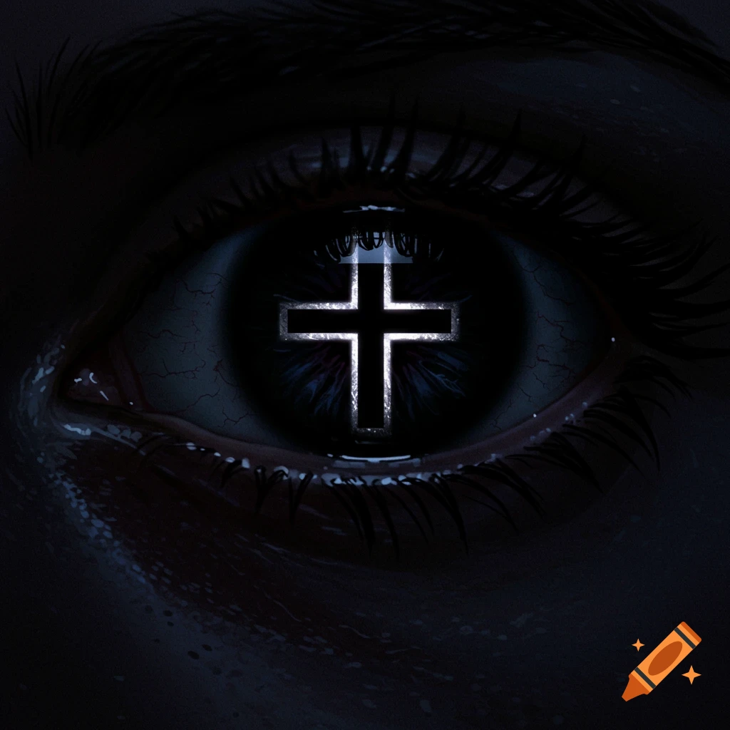 A dark close-up of an eye with a glowing white cross reflecting in the pupil. on Craiyon