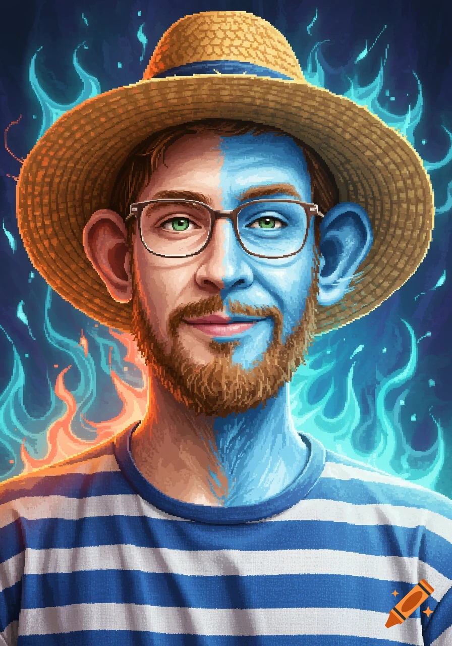 A pixel art portrait of a man with green eyes, glasses, and a beard ...