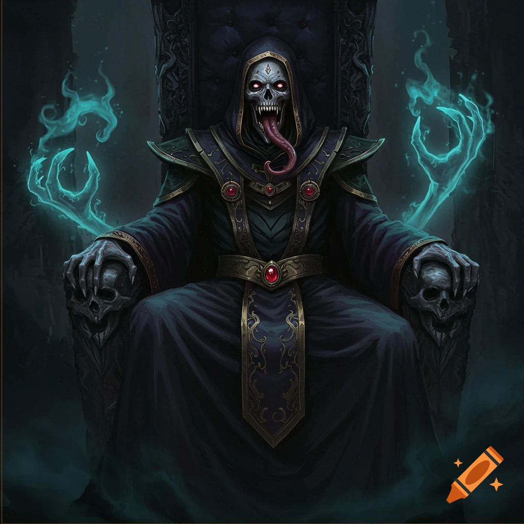 A dark fantasy art rendering of a skeletal ghoul mage with glowing red ...