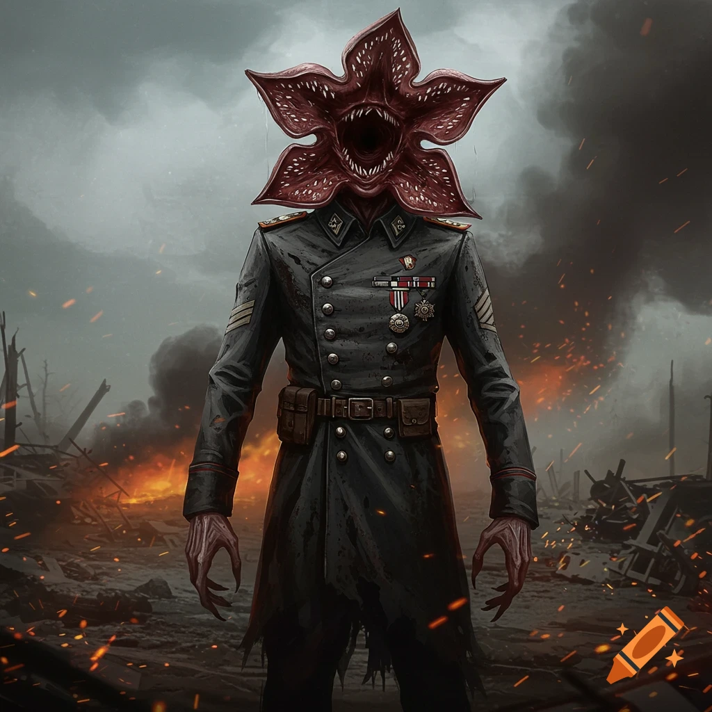 A monstrous Demogorgon from Stranger Things wearing a tattered military ...