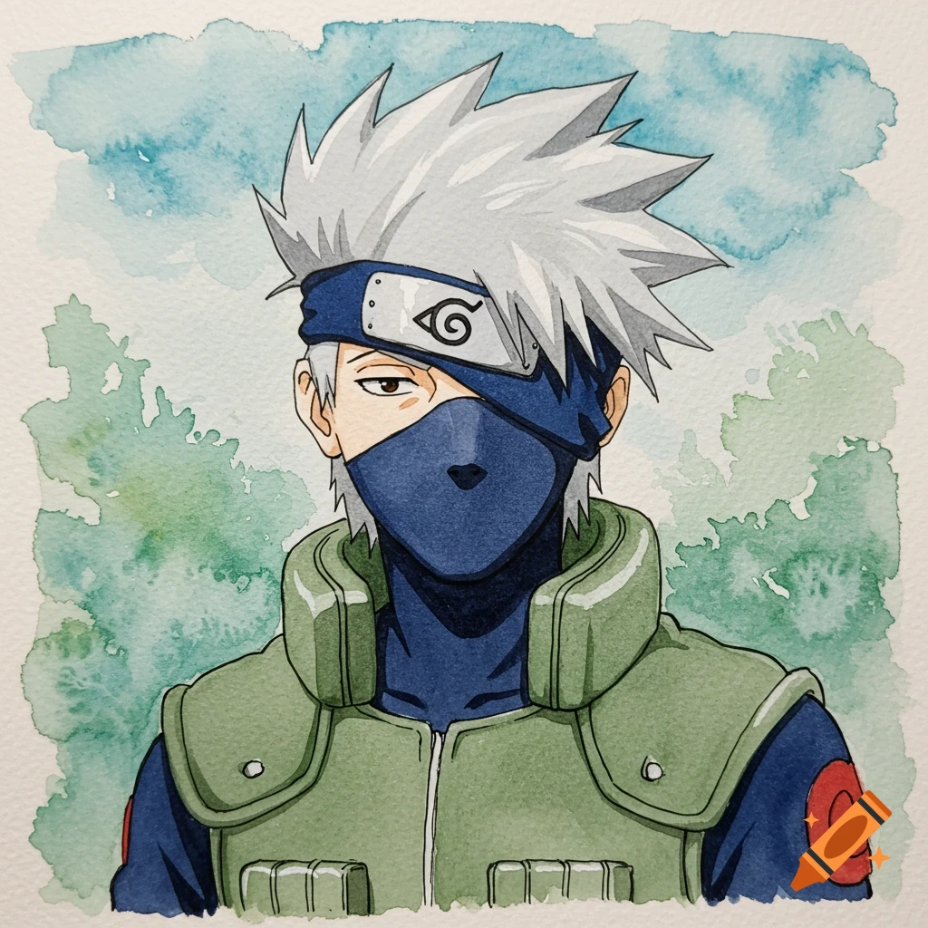 Watercolor illustration of Kakashi Hatake from Naruto, featuring his ...