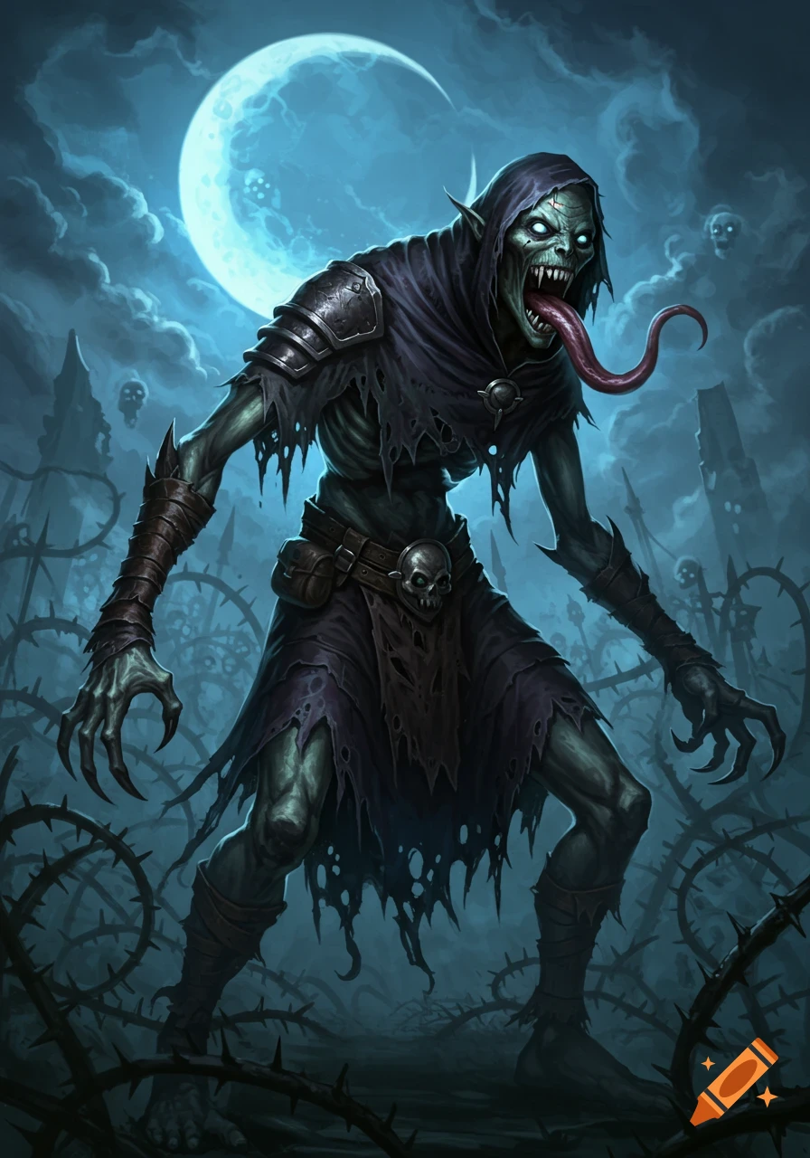 A gaunt ghoul with glowing eyes and a long tongue stands in a thorny ...