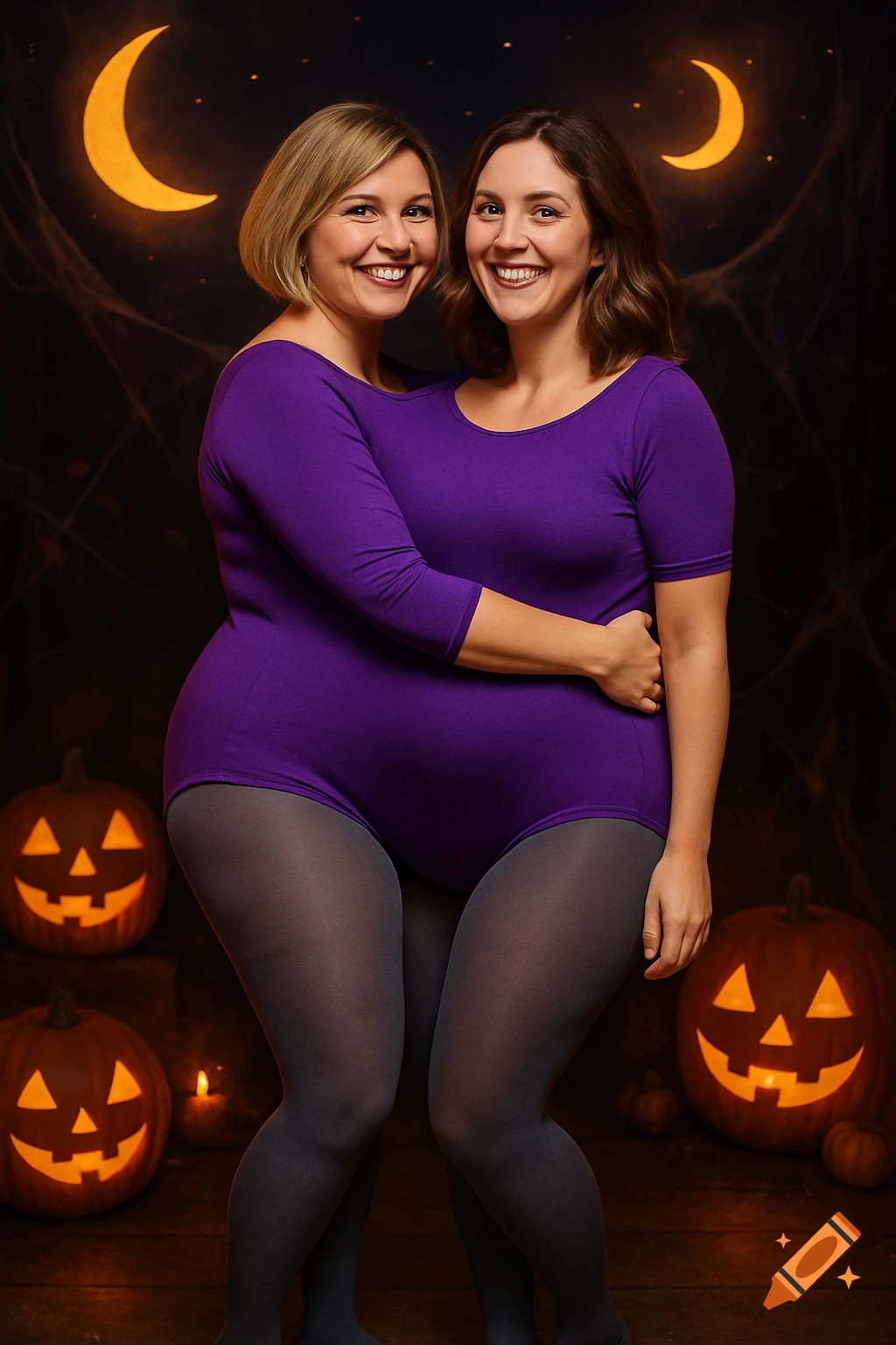 Two women in a shared costume posing for a photo at a 1992 PTA ...