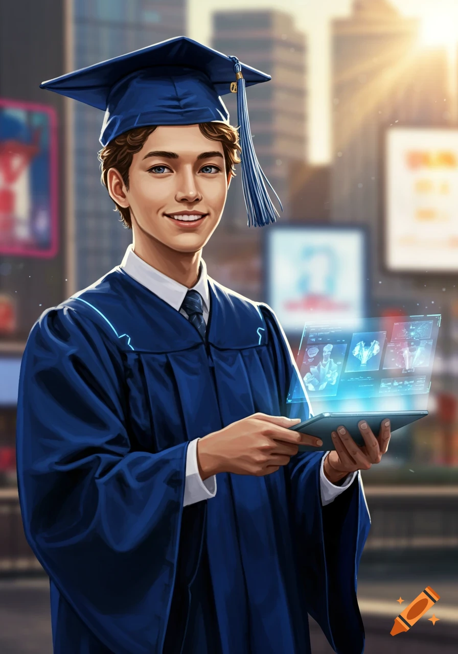 A young male graduate in a blue cap and gown smiles while holding a ...