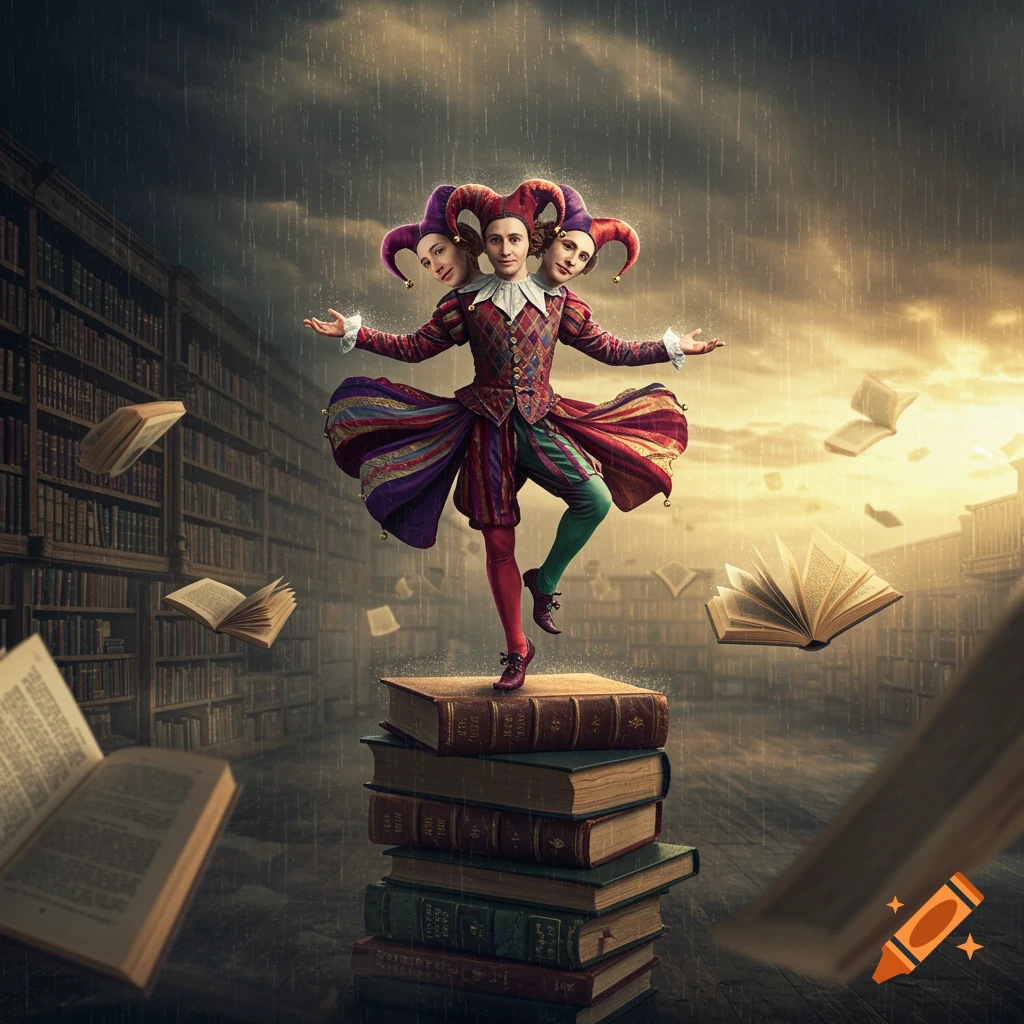 A whimsical jester in a purple and red costume stands on a cobbled path ...